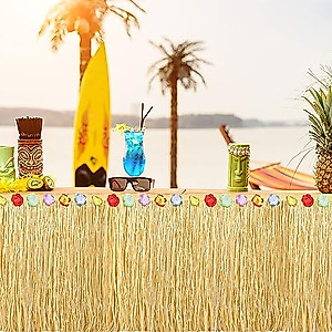 Fovths 4 Pack Luau Grass Table Skirt Natural 9 Feet x 29.5 Inch Hawaiian Table Skirt for Tropical Hawaiian Party Decorations Luau Party Costume Party, Straw Yellow
