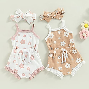 Newborn Infant Baby Girl Clothes Onesie Romper Shorts Set Floral Summer Outfits Cute Baby Clothes for Girls (Boho Khaki,12-18 Months)