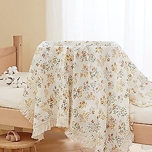INSULAR Cotton Muslin Baby Blanket with Tassel, Boho Bohemian Muslin Swaddle Blanket Baby Receiving Blanket with Fringe, Nursery Decor Throw or Nursing Blankets, 47" x40”, Flower
