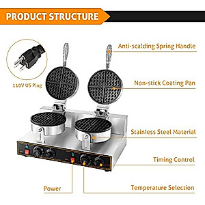 WICHEMI Waffle Maker Commercial Electric Waffle Machine Stainless Steel Non-stick Double Head Egg Bubble Waffle Furnace for Bakery, Restaurant, Snack Bar or Household, 110V 1250W