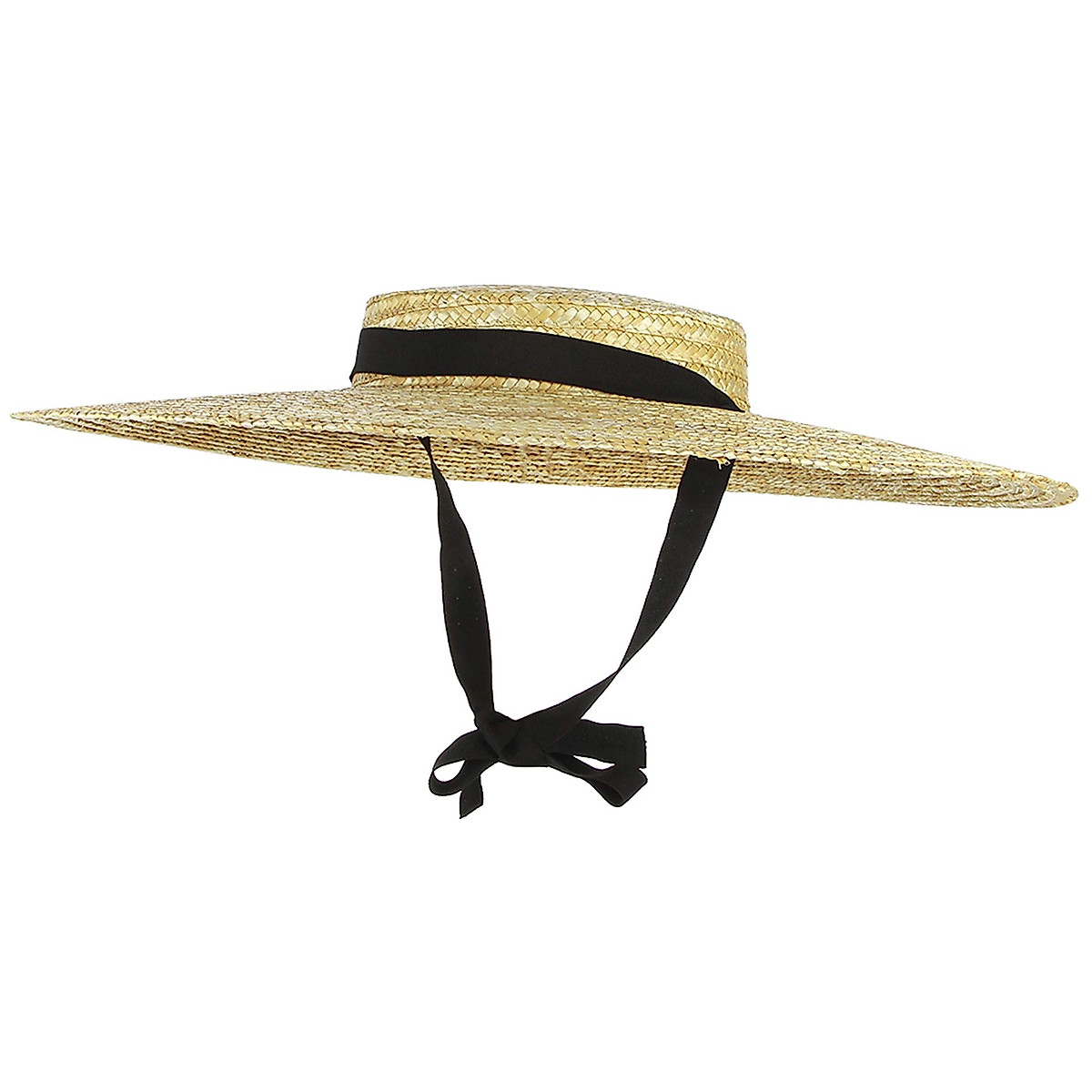Jelord Women Vintage Boater Straw Hat Wide Brim Flat Top Floppy Derby Straw Hat Beach Sun Hats with Chin Strap Brim:12cm Beige
