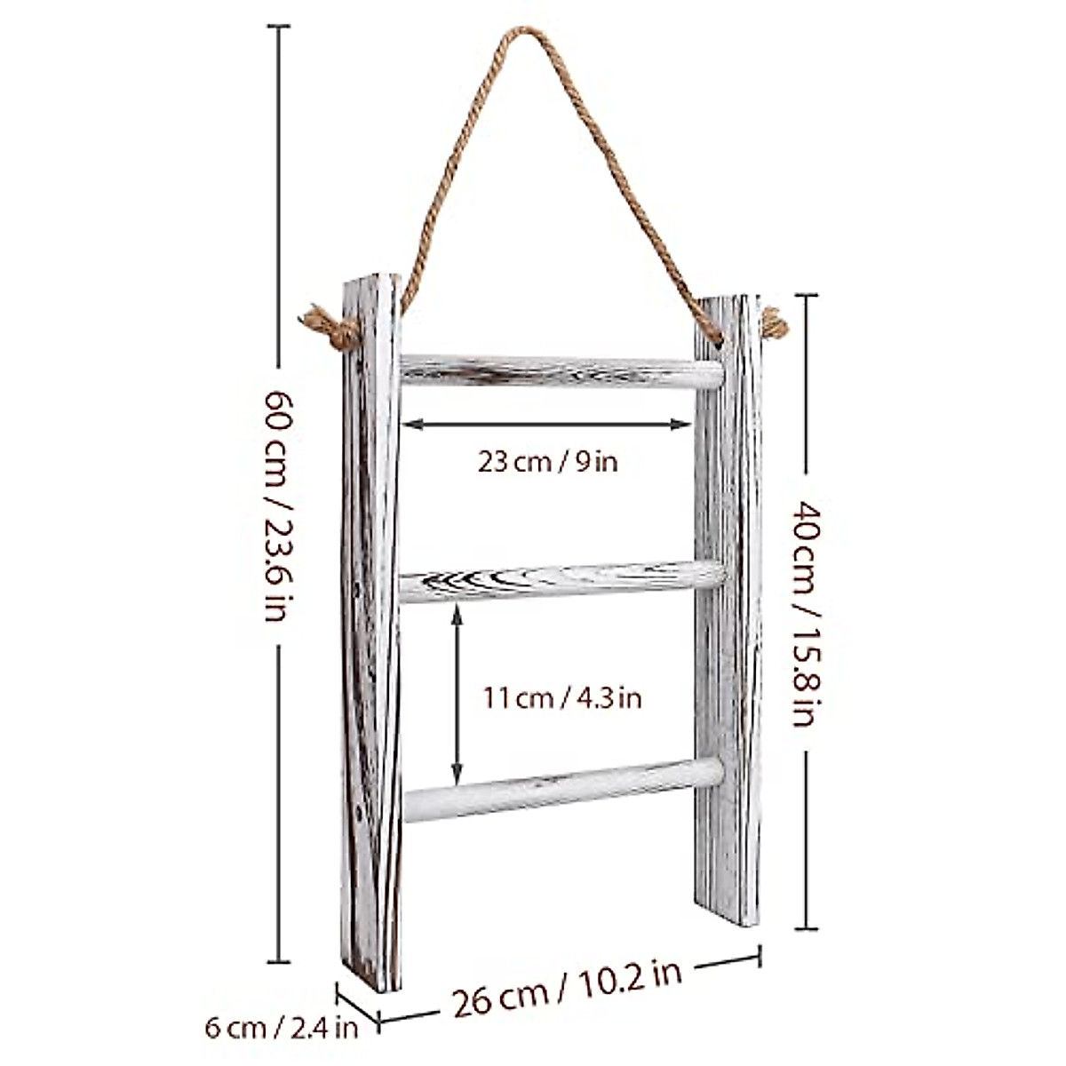 3-Tier Wood Tower Ladder Rack with Rope, Hanging Wooden Blanket Storage Organizer for Bathroom, Small Farmhouse Storage Shelf Rustic and Decorative