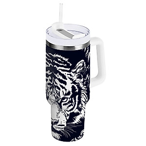 ALAZA White Tiger Portrait 40 oz Tumbler Stainless Steel Water Bottle Vacuum Insulated Cup with Straw Lid & Handle For Travel Car Cup Holder