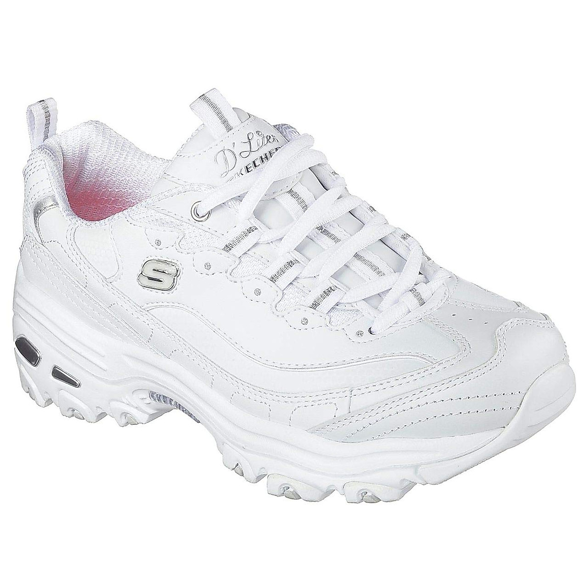 Skechers Women's D'Lites Memory Foam Lace-up Sneaker,White Silver,7.5 M US