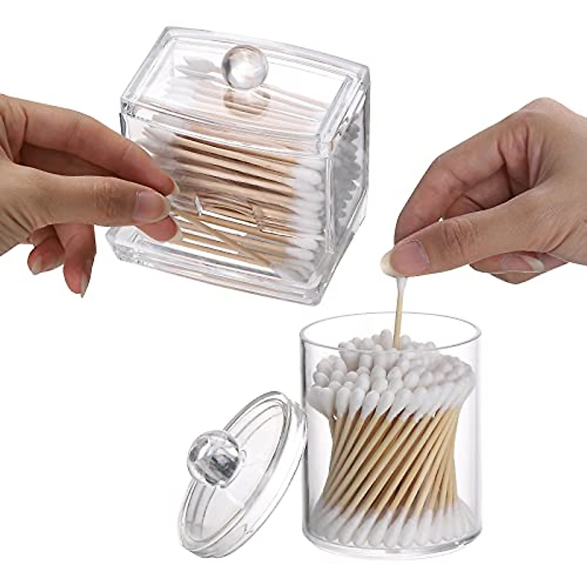 Tbestmax Plastic Qtips Holder Bathroom Container, 10/7 OZ Cotton Ball/Swabs Dispenser, Apothecary Jar Organizer for Storage 3 Pcs