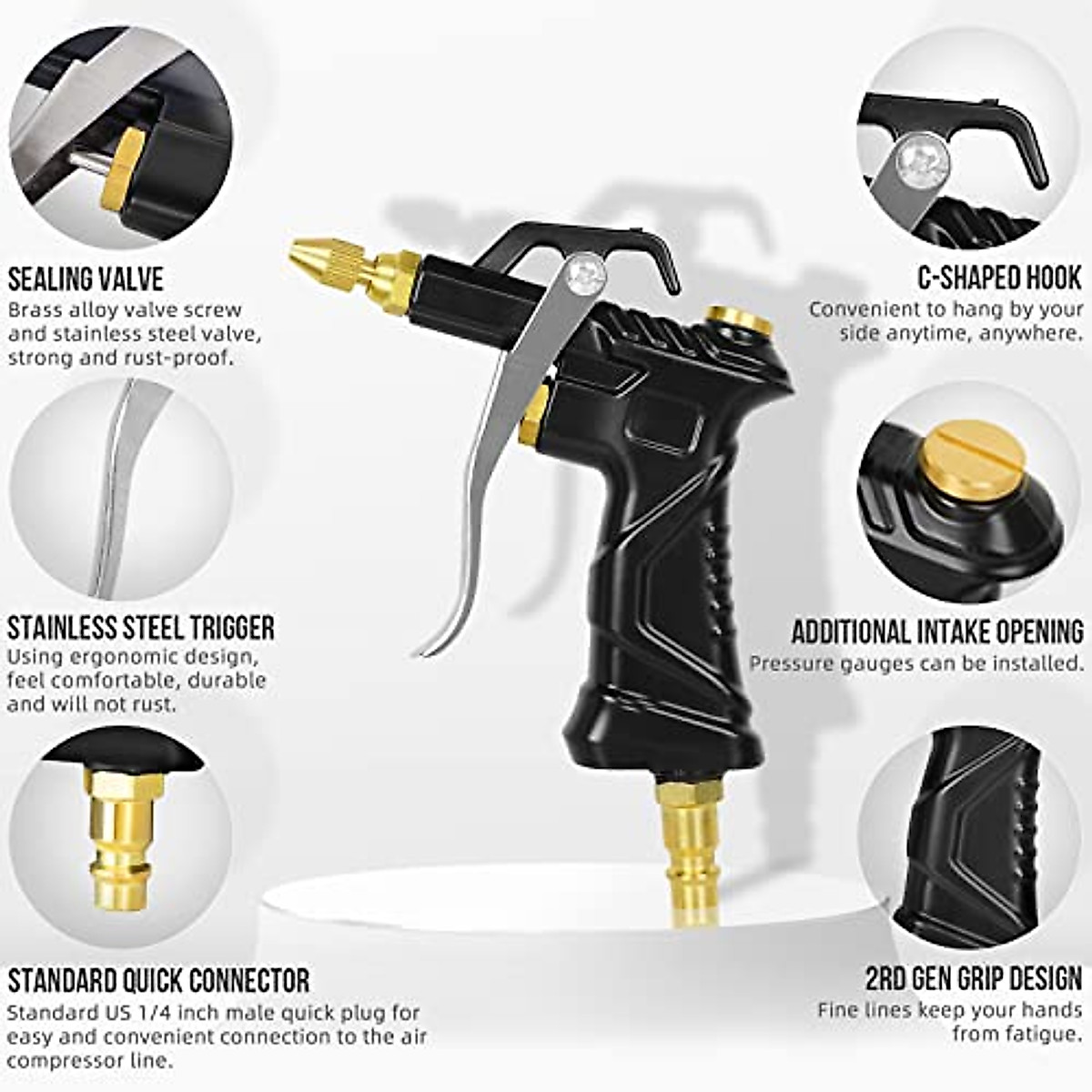 Industrial Air Blow Gun, with Brass Adjustable Air Nozzle and 3 Air Flow Extension, and 6 Sealing Rings, Pneumatic Tools Air Compressor Accessories Dust Clean Tool Air Blower Gun Air Nozzle Blow Gun
