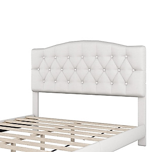 Modern Beige Queen Bed Frame Linen Upholstered Platform Bed with Headboard Solid Wood Queen Size Bed Frame Mattress Foundation Diamond Tufted Details Sturdy Wood Slat Support No Box Spring Needed