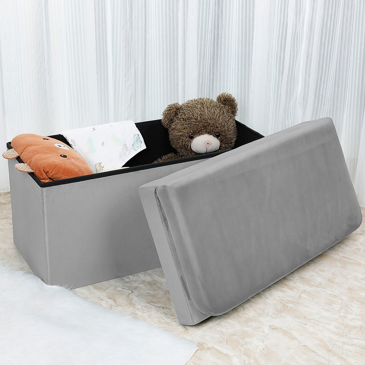 B FSOBEIIALEO Folding Storage Ottoman with Seat Back Footstool Space-Saving Room Organizer Cube Box for Seating & Resting (Grey, Large)