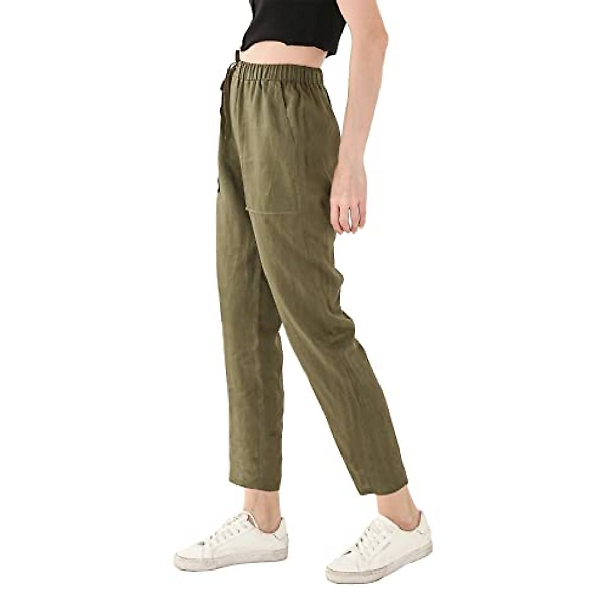 Amazhiyu Womens Linen DrawstringCropped Pants Elastic Waist with Pockets for Summer Casual (US, Alpha, Medium, Regular, Regular, Green)