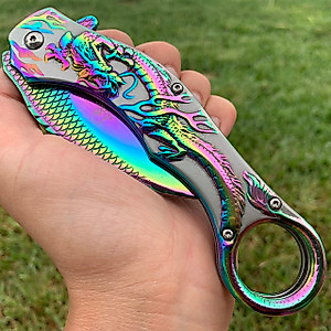 Super Knife Dark Side Blades Dragon Knife 9-'' Spring Assisted Folding Pocket Knife Color Coated. Fantasy Knife for Hunting, Camping (Rainbow)