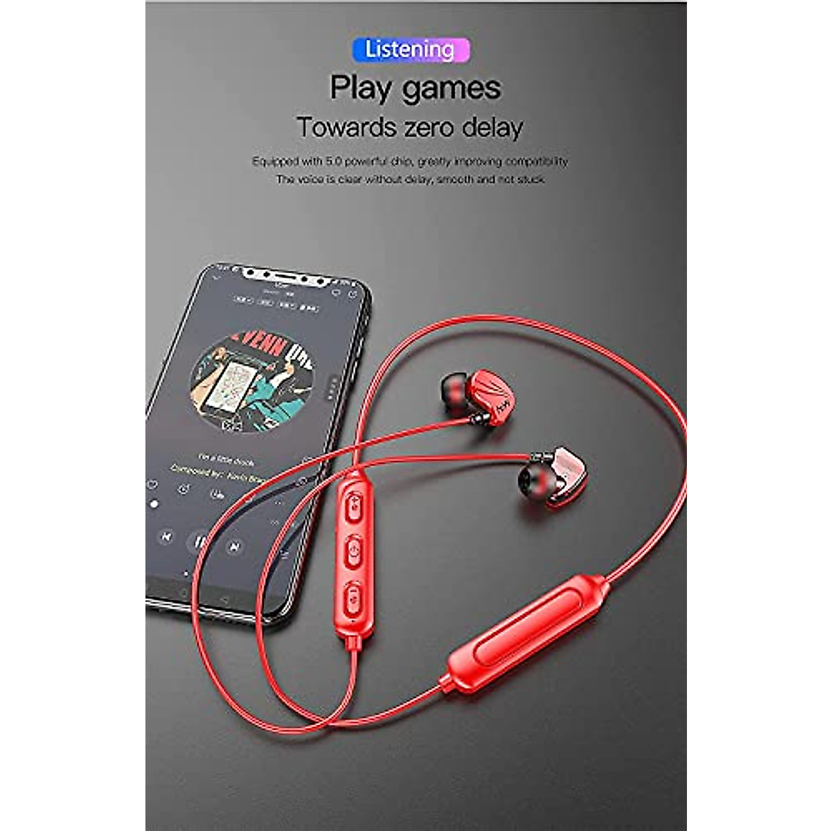Wireless Stereo Earbuds – Neck Hanging Type Sports，HiFi Bass Stereo Running Headphones，Bluetooth 5.0，Call Function, Voice Control, Power Display,12 Hours Play Time, Built-in Microphone (Black) (RED)