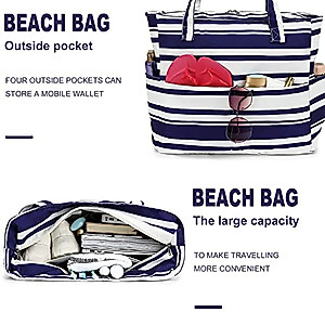 LEDAOU Beach Bag Sandproof Women Tote Bag Pool Bag with Zipper for Gym Grocery Travel with Wet Pocket (Blue White Stripes)
