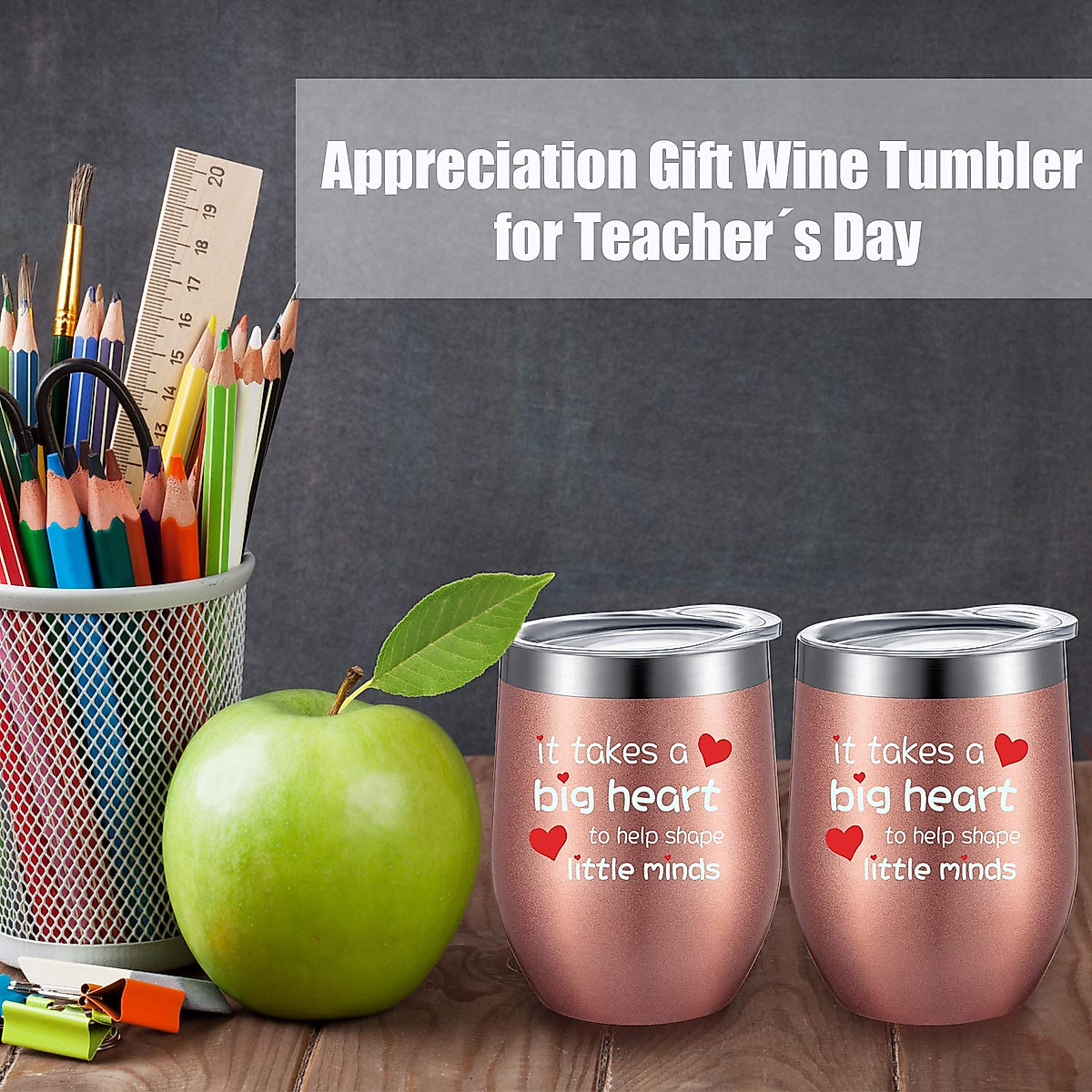 2 Pack Funny Teacher Appreciation Present, It Takes a Big Heart to Shape Little Minds, 12oz Double Wall Vacuum Teacher Cup with Lid Straw, Wine Glasses Tumbler with Pretty Box for Teacher (Rose Gold)