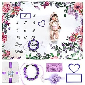 SPOKKI 6 PCS Baby Monthly Milestone Blanket Girl, 60''x40''Fleece Monthly Blanket Newborn with Headband for Photography Background Prop and Mom Nursery Shower Gift (Purple)