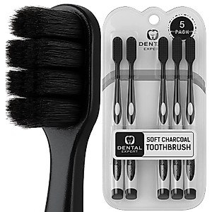 Dental Expert Charcoal Toothbrush [Gentle Soft] Slim Teeth Head Whitening Brush for Adults & Children [Family Pack] - Ultra Soft Medium Tip Bristles (Black)