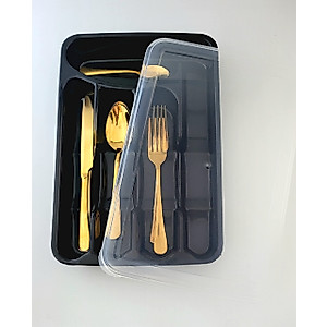 Utensil and Silverware Organizer tray for drawer with cover -Cutlery Flatware Organizer with lid - for kitchen drawer, BBQ, picnic, Covered flatware tray,5 Compartments - Plastic (BLACK)