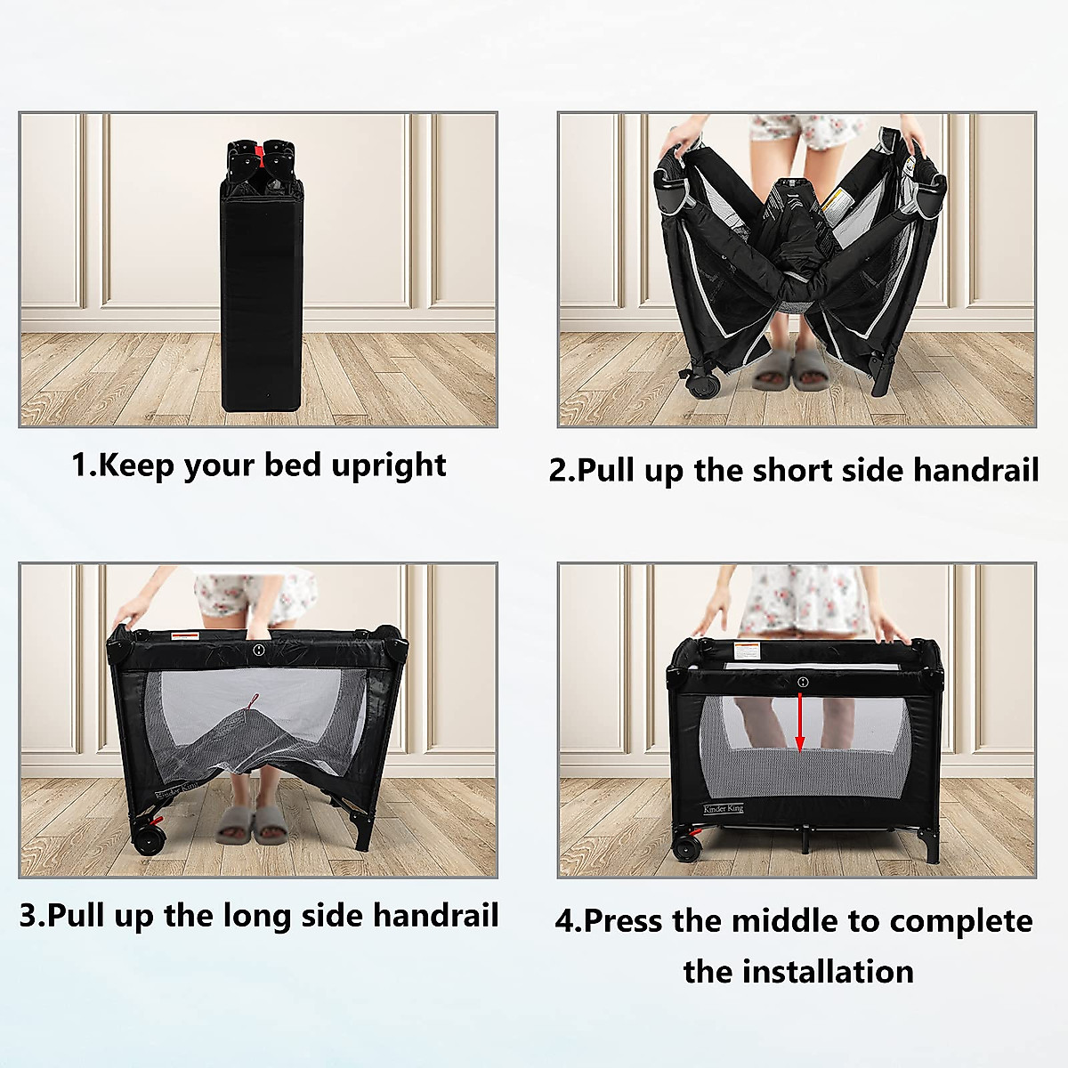 Kinder King 3 in 1 Portable Nursery Center, Foldable Playard for Baby & Toddler, Infant Pack n Play w/Bassinet, Removable Mattress, Newborn Changing Table, Travel Bag, Music Box, Storage Basket, Black