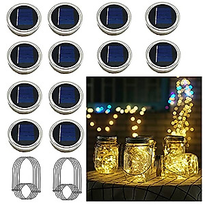 Solar Mason Jar Lights, 12 Pack 30 LED Waterproof Lid Light with Hangers (No Jar), Fairy Firefly Outdoor String Lights for Regular Mason Jar, Patio, Yard, Garden, Wedding Decoration (Warm White)