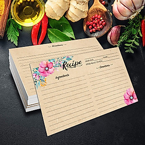 Nuah Prints Double Sided Recipe Cards 4x6 Inch, Set of 50 Thick Cardstock Recipe Cards with Lines, Easy To Write On Smooth Surface, Line Printed, Large Writing Space (Floral Kraft Look)