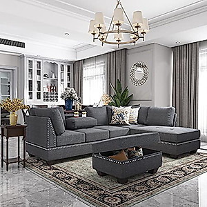 Verfur Fabric Upholstery Convertible Sectional Sofa with Reversible Chaise, L Shaped Couch with Storage Ottoman and 2 Cup Holders Corner, Gray Linen