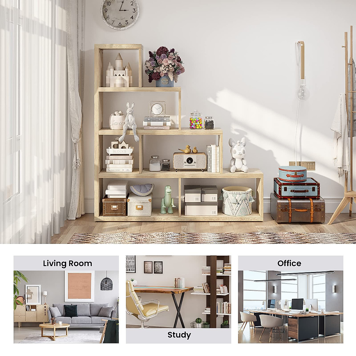 IFANNY 4 Tier Bookshelf, Step Bookcase with 6 Separate Storage Cubes, Wood Bookshelves and Bookcases, Geometric Display Shelf, Modern Book Shelf for Bedroom, Living Room, Home Office (Natural)