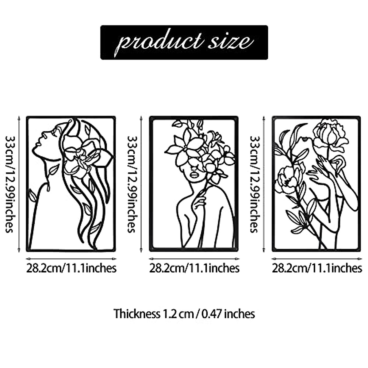CHENGU 3 Pieces Metal Minimalist Abstract Woman Wall Art Drawing Single Line Female Home Hanging Wall Art Decor for Kitchen Bathroom Living Room (Black, Floral Style)