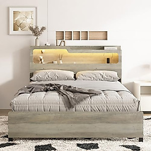 Fameill Full Size Bed Frame with 2-Tier Headboard, Metal Platform Bed Frame RGB Led Lights with Charging Station, No Box Spring Needed, Noise Free