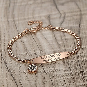 mnmoom Medical id bracelets for women 7-8.5 inch stainless steel small Figaro chain Medical alert bracelets (Rose Gold/penicillin)