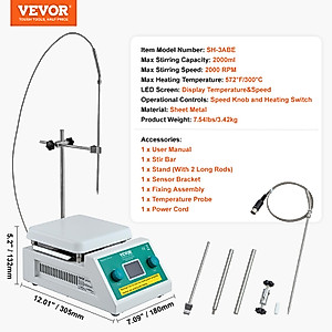 VEVOR Magnetic Stirrer Hot Plate, 5L Capacity Ceramic Coated Hotplate Lab Stirrer 200-2000RPM 608°F/320°C Max Temp Digital Magnetic Stirrer with Temp Probe Sensor and Stirring Bar
