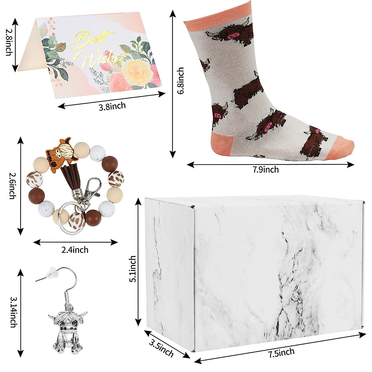 SAIWEILAI ONLINE 6 Pieces Highland Cow Gifts Set for Women Cow Lovers 16oz Glass Cups Just a Girl Who Loves Highland Cow Makeup Bag Cow Socks Keychain Earrings and Gift Box for Women Mom Sister Gift