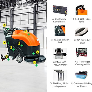 SUNMAX RT50 Walk-behind Floor Scrubber Dryer Machine, 22" Cleaning Width, 31" Suction Width, 14.5-gal Sewage Tank, 200 RPM, Complete Set of Parts