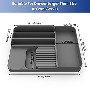OUTXE Silicone Silverware Drawer Organizer, Non-Slip Utensil Organizer for Kitchen Drawers, Cutlery Tray with Extra Knife Block, 4 Compartments Flatware Organizer for Spoon and Fork, Grey