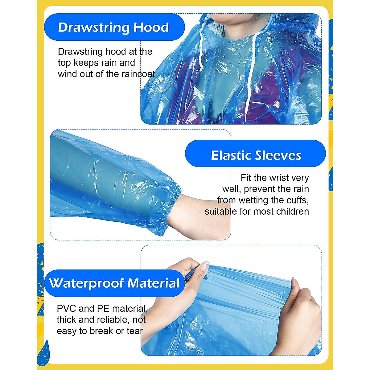 30 Pcs Kids Rain Ponchos Bulk Disposable Rain Ponchos for Kids Emergency Ponchos Disposable Ponchos Pack (Pink, Purple, Blue)