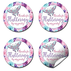 Floral Watercolor Butterfly Thank You Sticker Labels, 40 2" Party Circle Stickers by AmandaCreation, Great for Party Favors, Envelope Seals & Goodie Bags