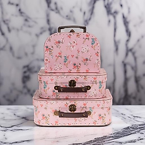 Jewelkeeper Paperboard Suitcases, Set of 3 - Vintage Decorative Storage Box, Luggage Decor Storage, Vintage Decor for Birthdays and Weddings, Pink Floral Design