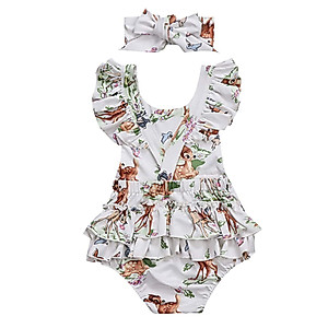 Newborn Baby Girls 1st Birthday Christmas Outfit Bambi Romper Ruffle Flutter Sleeve Bodysuit Summer Backless Sunsuit with Bowknot Headband Party Dress Clothes 2pcs Set for Photo Shoot White 0-6M