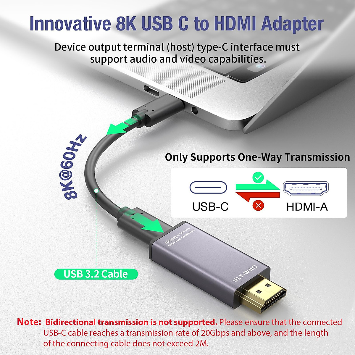 USB C to HDMI 2.1 Adapter, 8K@60Hz USB-C Female to HDMI Male Converter(Unidirectional Transmission), Support 8K, 4K@120Hz, 2K@240Hz, Type C Thunderbolt 3/4 Compatible for Steam Deck, MacBook, iPad Pro