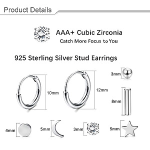 Milacolato 8 Pairs Sterling Silver Stud Earrings Set for Women Men 14K White Gold Plated Ball Dot Star Moon Bar CZ Stud Earrings Small Huggie Hoop Cartilage Earrings Sets for Multiple Piercing Hypoallergenic