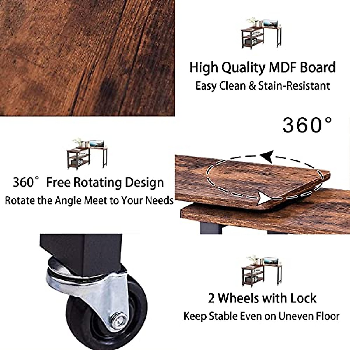 WAYTRIM 360° Free Rotating Sofa Side Table, Mobile End Table with 2 Tier Storage Shelves, Couch Side Table Sturdy Metal Frame with 6 Universal Casters, Laptop Table for Home Office - Rustic Brown