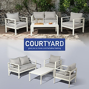 Outvita Outdoor Patio Furniture Set, 4 Pieces Aluminum Patio Conversation Sets, Modern Patio Sofa Loveseat Set with Coffee Table and 5 Inch Cushion for Patio Balcony Yard (White, 4pcs Set)