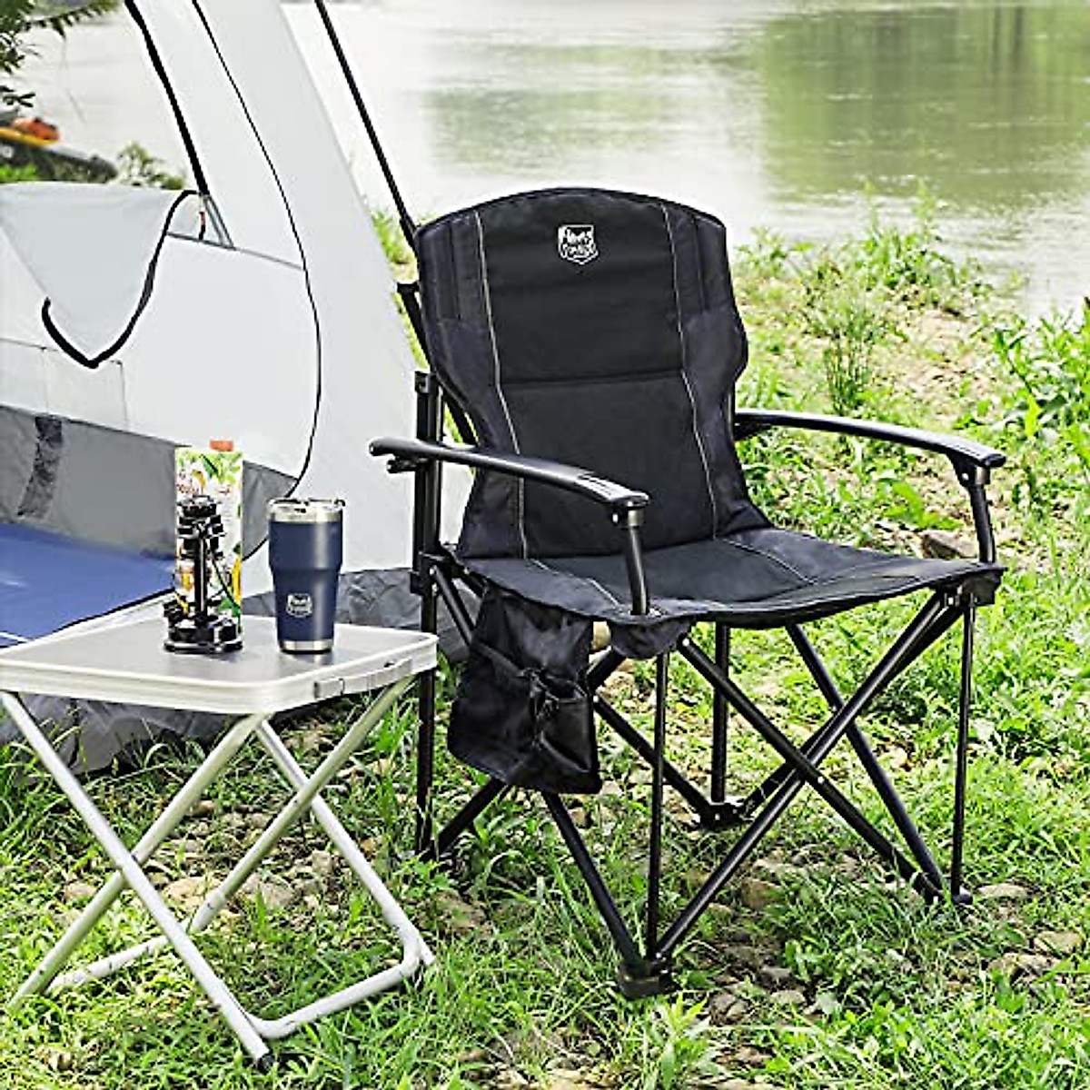TIMBER RIDGE Folding Camping Chair with Padded Hard Armrest and Cup Holder-for Outdoor, Camp, Fishing, Hiking, Lawn, Including Carry Bag, Aluminum, (Black)