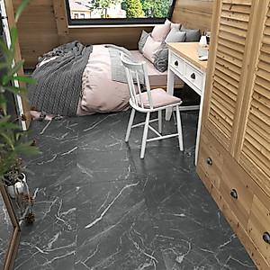 WESTICK Grey Black Marble Peel and Stick Floor Tile Vinyl Flooring Peel and Stick Bathroom Floor Tiles Waterproof Non-Slip Flooring Tile Sticker for Kitchen Bedroom RV 5 PCS 12" x 12"