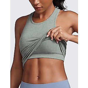 CRZ YOGA Womens Seamless Ribbed Longline High Neck Sports Bra - Racerback Padded Slim Fit Crop Tank Top with Built in Bra Dark Green Heather Large