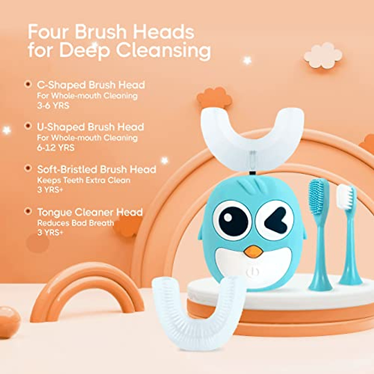 OKKOSTAR Electric Auto Toothbrush Kids U Shaped Toothbrush Set with 4 Brush Heads, BPA Free CPSIA Compliant, Kids 360 Toothbrush, Auto Brushes for Teeth Kids, Age 3-12