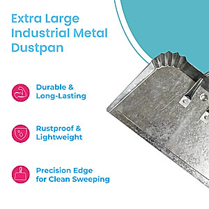 Extra Large Industrial Metal Dustpan, Heavy-Duty Steel Construction, Precision Edge, Extra Wide Collection Area, Looped Ergonomic Long Handle, Ideal for Cleaning Indoor & Outdoor Surfaces