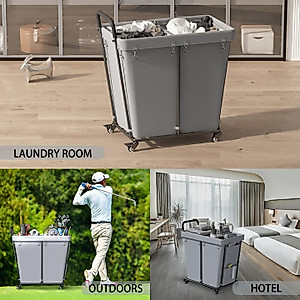 huyear Laundry Cart with Lockable Wheels 2 Section, 240L Large Capacity Commercial Laundry Sorter Rolling Laundry Cart with Sturdy Steel Frame and Removable Waterproof Bags, Laundry Hamper for Storage