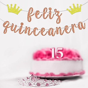 Rose Gold Glitter Feliz Quinceanera Banner, Happy Quinceanera/Princesa De Quince/Mis Quince 15, Spanish 15th Birthday Party Decorations