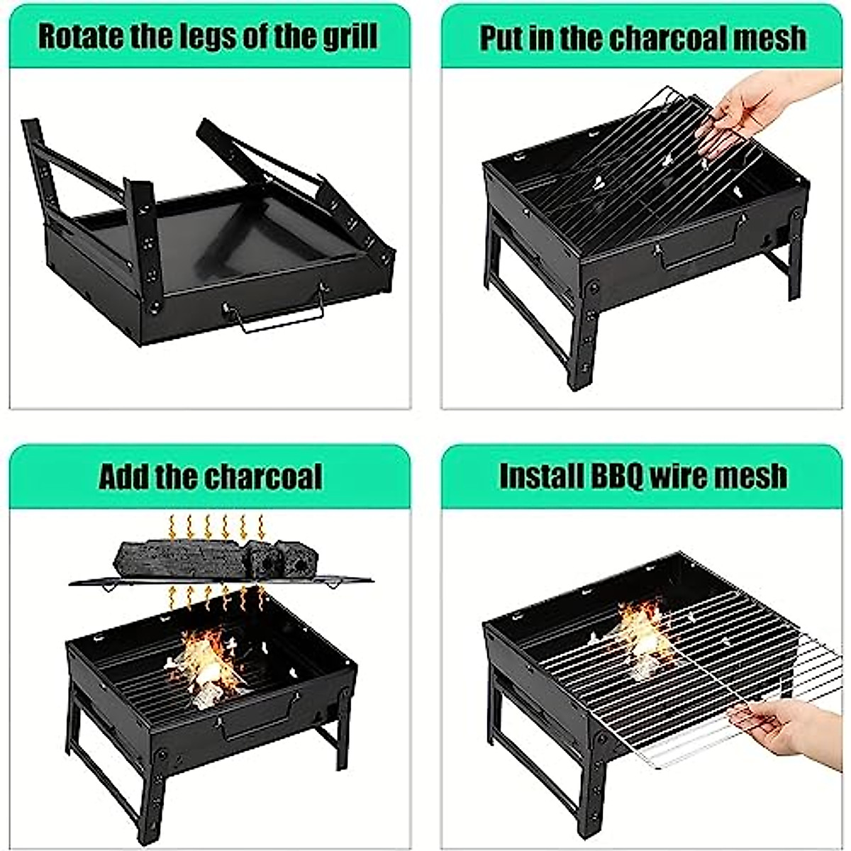 HOSEMN 2023 NEW Portable Folding Charcoal Grills, Stainless Steel Grill Table, Easy Portability For for Outdoor Cooking, Barbecue Camping, Beach BBQ, Picnic Backyard - Black (17"x11.4"x9.4"）
