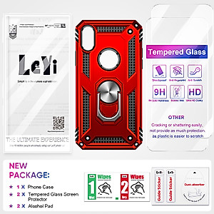 LeYi Compatible for iPhone X Case, iPhone Xs Case with [2Pack] Tempered Glass Screen Protector for Women Men, [Military-Grade] Phone Case with Ring Kickstand for Apple iPhone X/Xs/10, Red