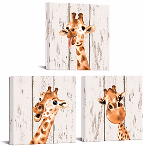 SiMiWOW Funny Giraffe Wall Art Giraffe Painting Kids Children Bedroom Living Room Nursery Wall Decor Framed Ready to Hang 12"x12"x3 Pieces